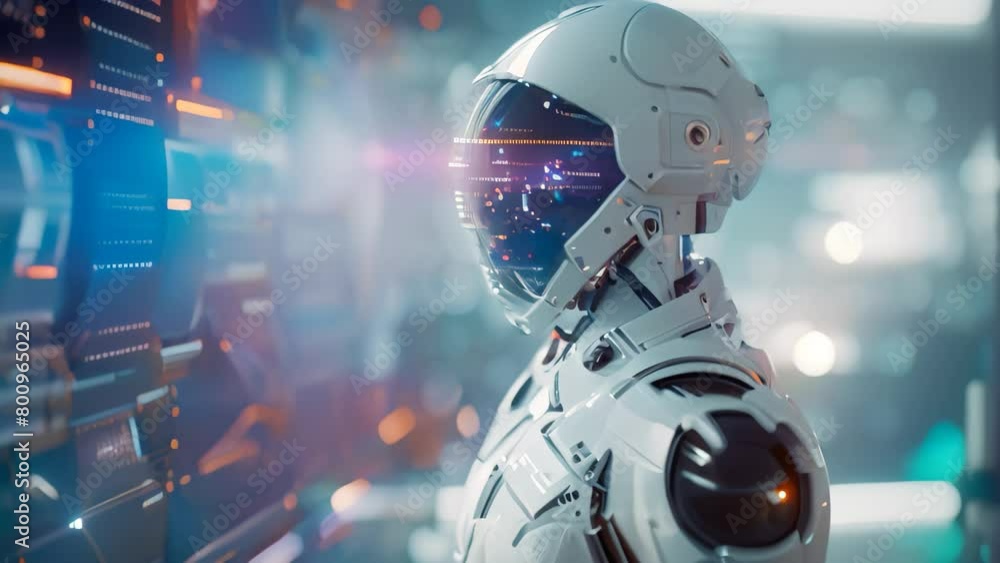 A futuristic man in a space suit stands confidently in front of a ...
