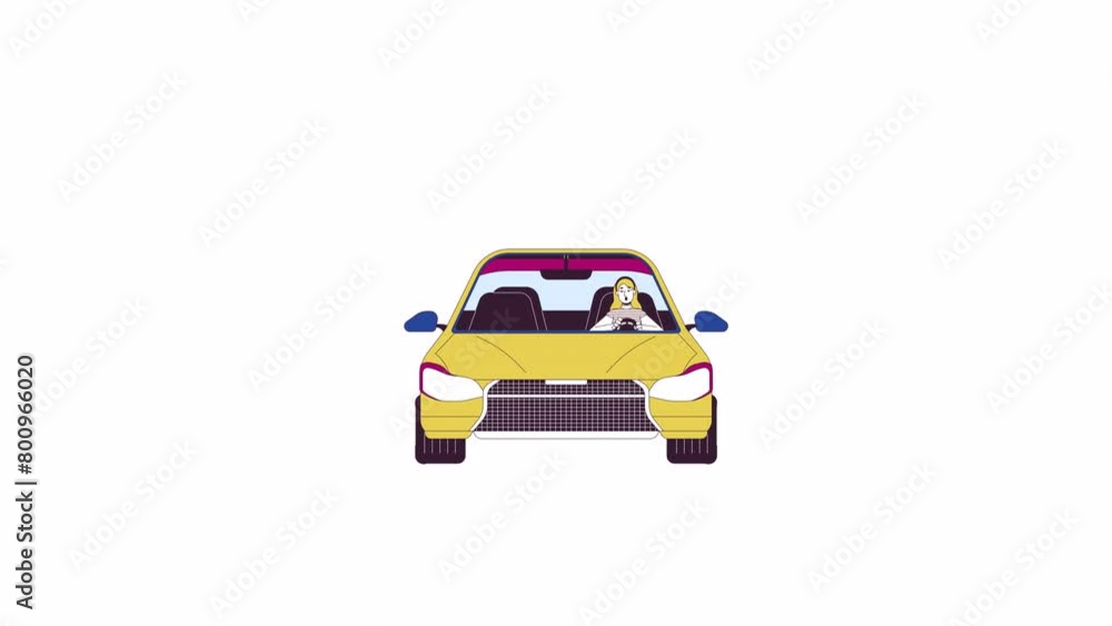 Shocked caucasian woman driving car line 2D character animation. Road ...