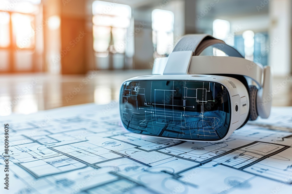A virtual reality headset rests on detailed architectural blueprints in ...