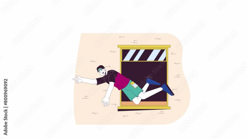 Korean man falling out of window line 2D character animation. Tragical ...