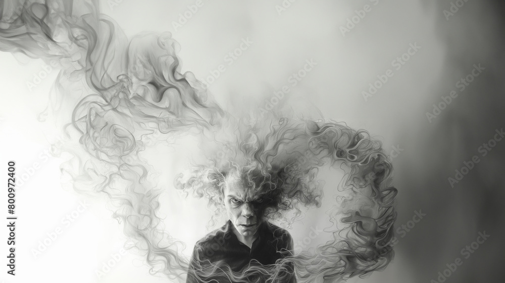 Graphite drawing of an enraged character's face, with curls of steam ...