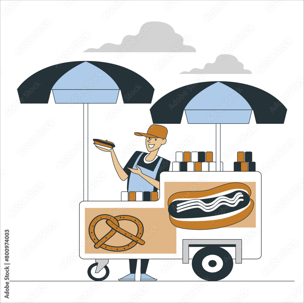 Food festival vans and kiosks with vendors selling food and drink ...