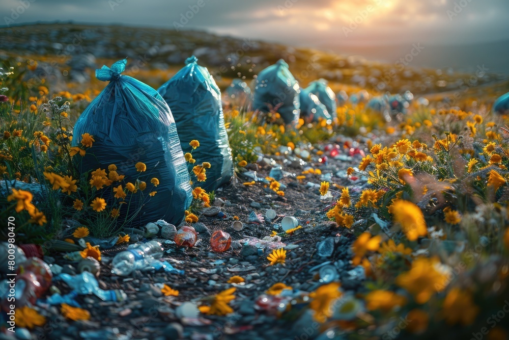 Plastic Bags With Garbage. Piles of garbage in the forest, random ...