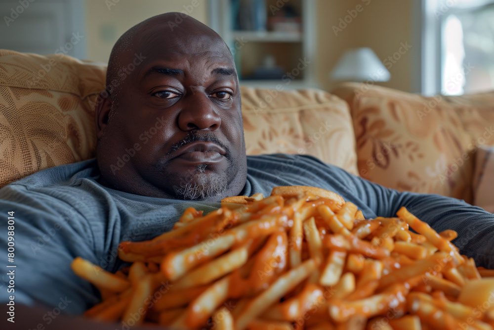 A close up of an obese black man sitting on the couch with mountains ...