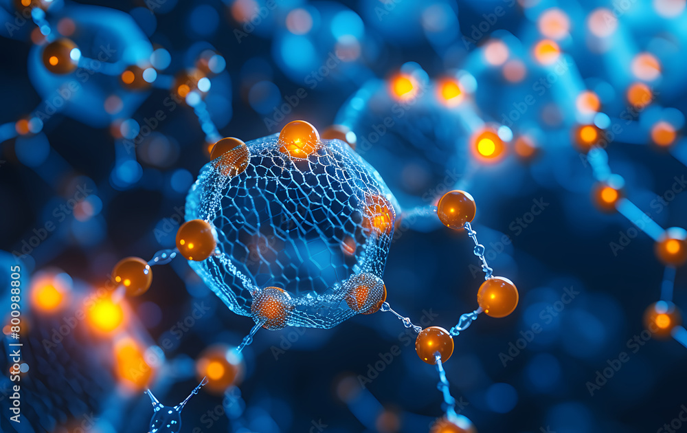 3D illustration of orange and blue glowing atoms linked in a molecular ...