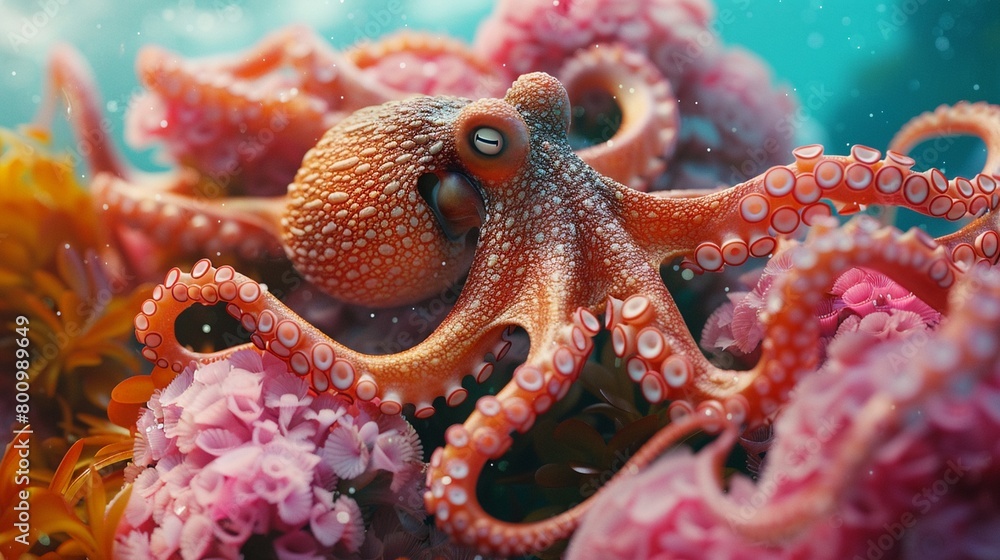 Octopus, tentacles, adapting to coral reef, showcasing its camouflage ...