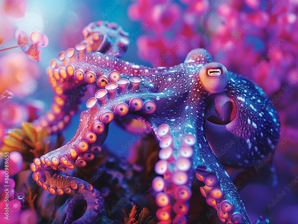 Octopus, skin texture, disguising itself among vibrant coral reefs, 3D ...