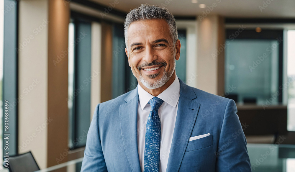 smiling business man in blue suit in front of laptop computer Stock ...