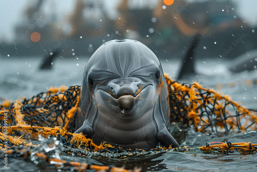 Dolphin entangled in ocean debris. Urgent marine wildlife rescue and ...