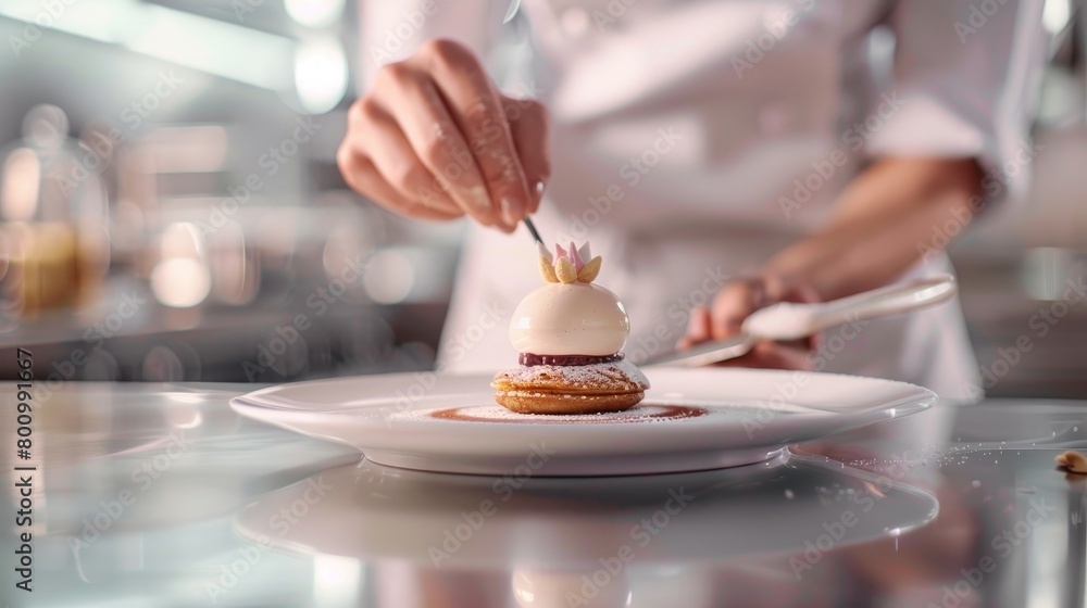 Concept Art of a pastry chef decorating a haute cuisine dessert in an ...