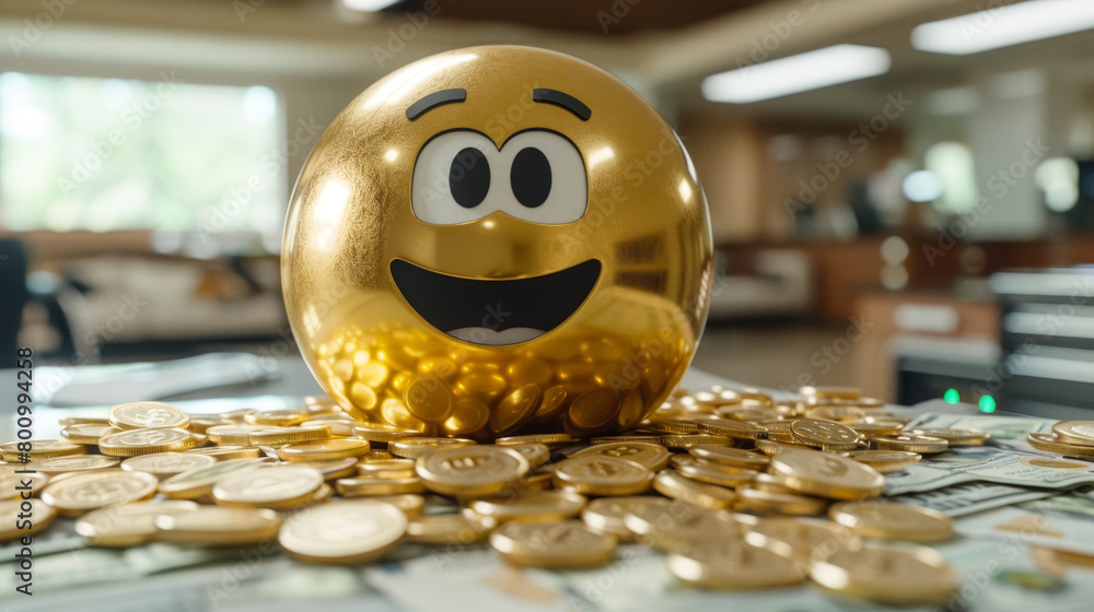 3d render of a golden emoji with a huge toothy grin sitting on a pile ...