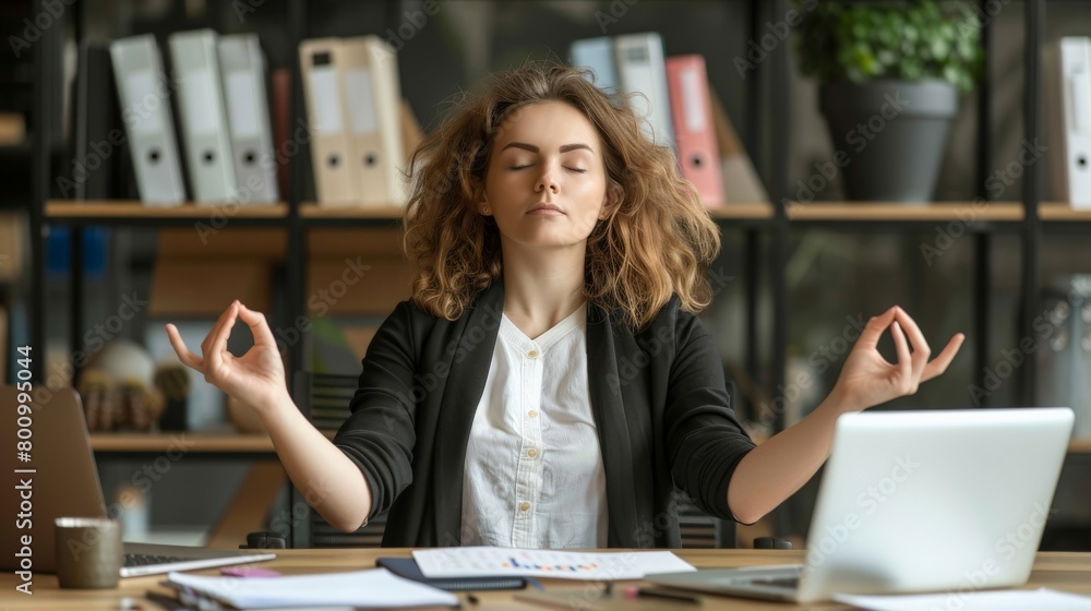 Calm young executive meditating at her desk with laptops and documents ...