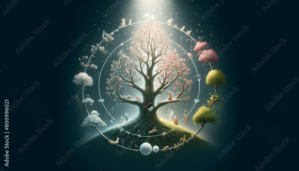 concept of the life cycle, a seedling in soil, a mature tree, autumn ...
