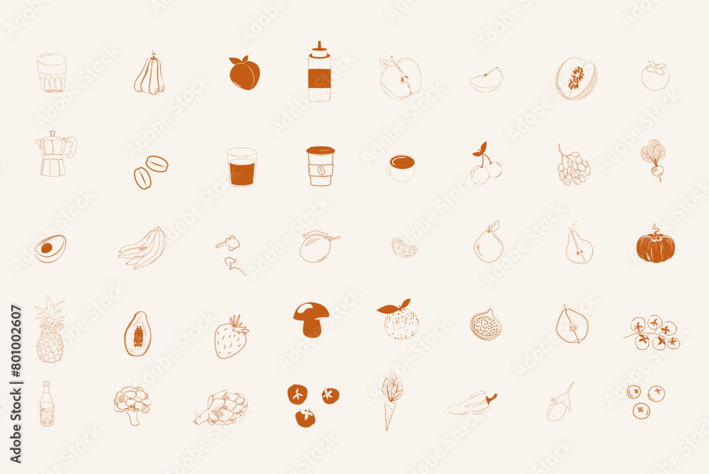 Collection of food and drinks icons. Minimalistic linear icon. Helthy ...