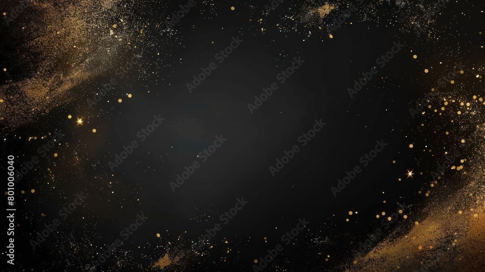 Luxurious gold dust particles flying on black background and text space ...