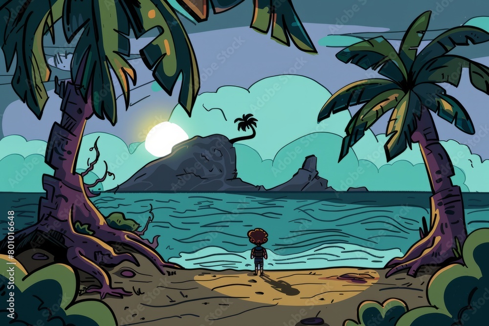 Cartoon cute doodles of a lone survivor stranded on a deserted island ...