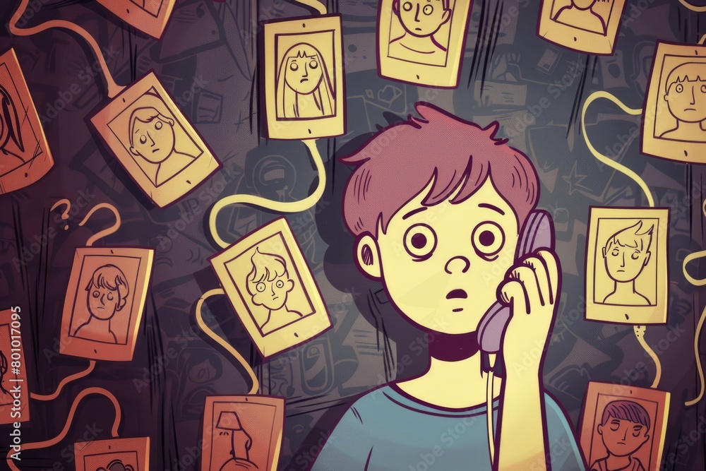 Cartoon cute doodles of a teenager who receives a mysterious phone call ...