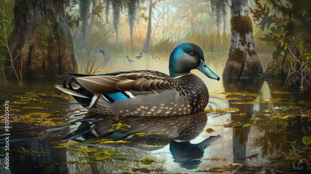 Blue Winged Teal Drake Swimming in a Florida Swamp Lake - A Stunning ...
