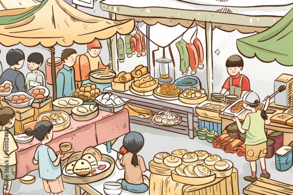 Cartoon cute doodles of a bustling street food market, with vendors ...