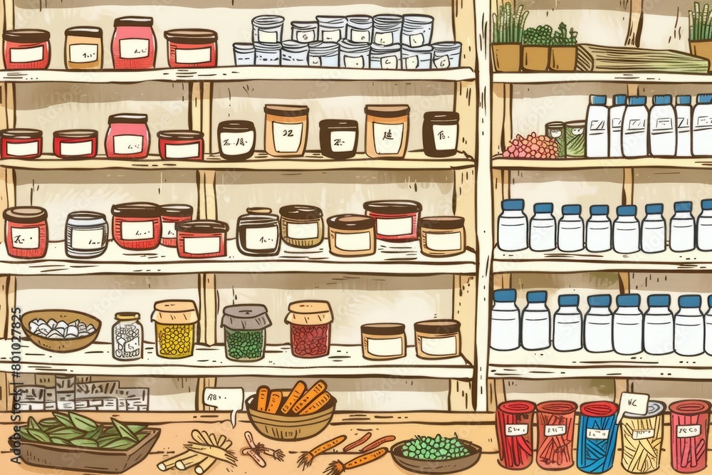 Cartoon cute doodles of a traditional Chinese medicine shop, with ...