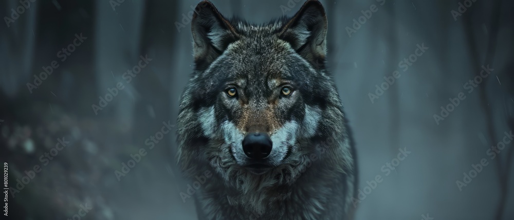 Close up on a wolf eyes on black background, grey wolf portrait with ...