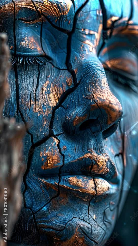 Blue wood face with gold fire veins. Fashion model. Cinematic style ...