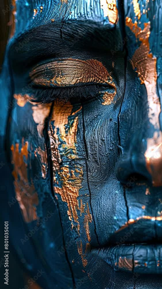 Blue wood face with gold fire veins. Fashion model. Cinematic style ...