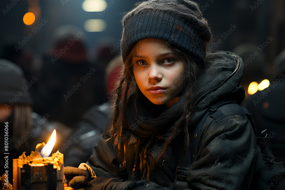 Very young hungry and scared homeless teenager girl standing alone on ...