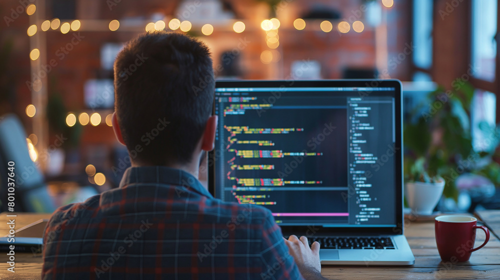 In a minimalist workspace bathed in natural light, a developer's laptop ...