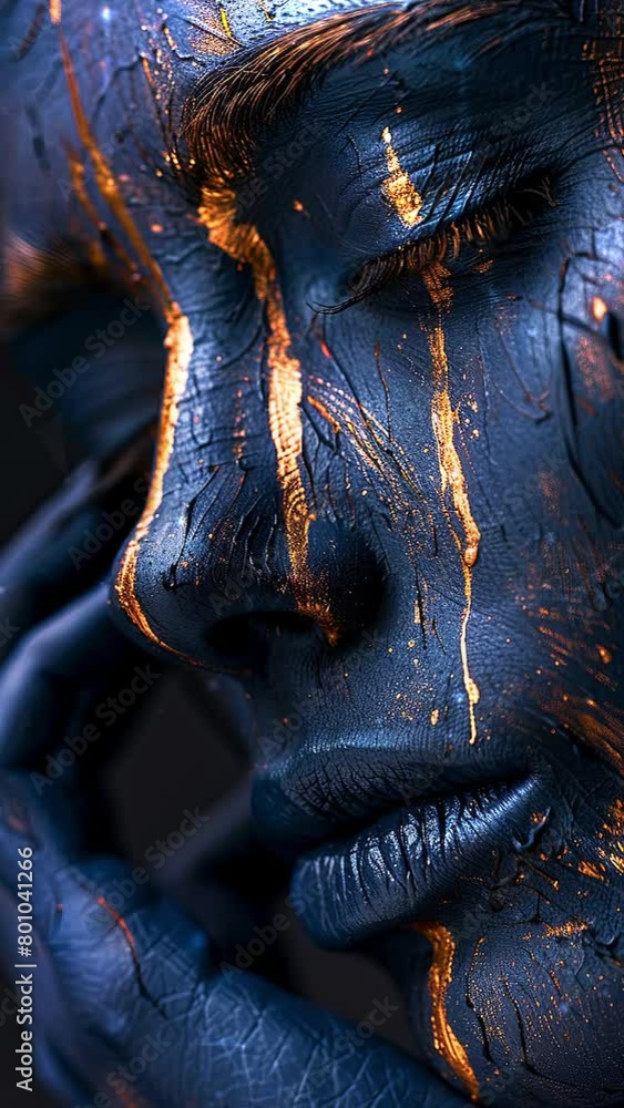 Blue wood face with gold fire veins. Fashion model. Cinematic style ...