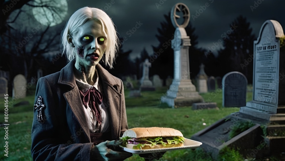 zombie is holding a sandwich from a famous fast-food chain Stock ...