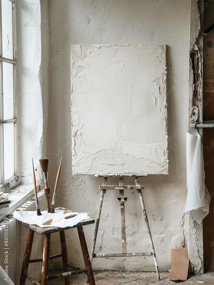 White canvas, white sheet of paper in the artist's studio. Brushes ...