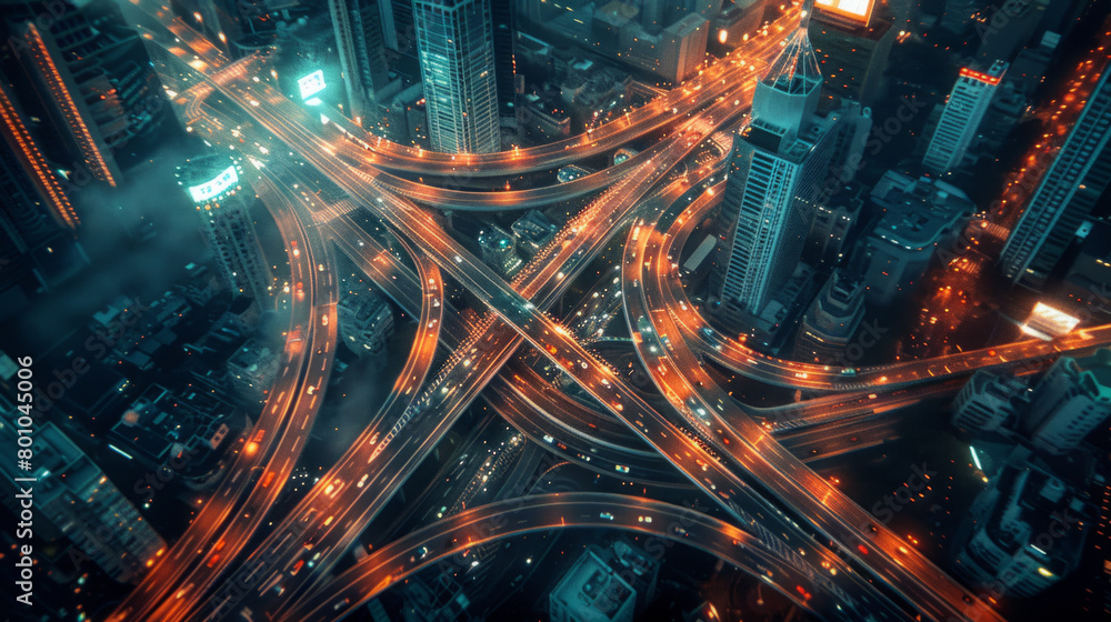 Aerial perspective of a busy city's intricate system of roads and ...