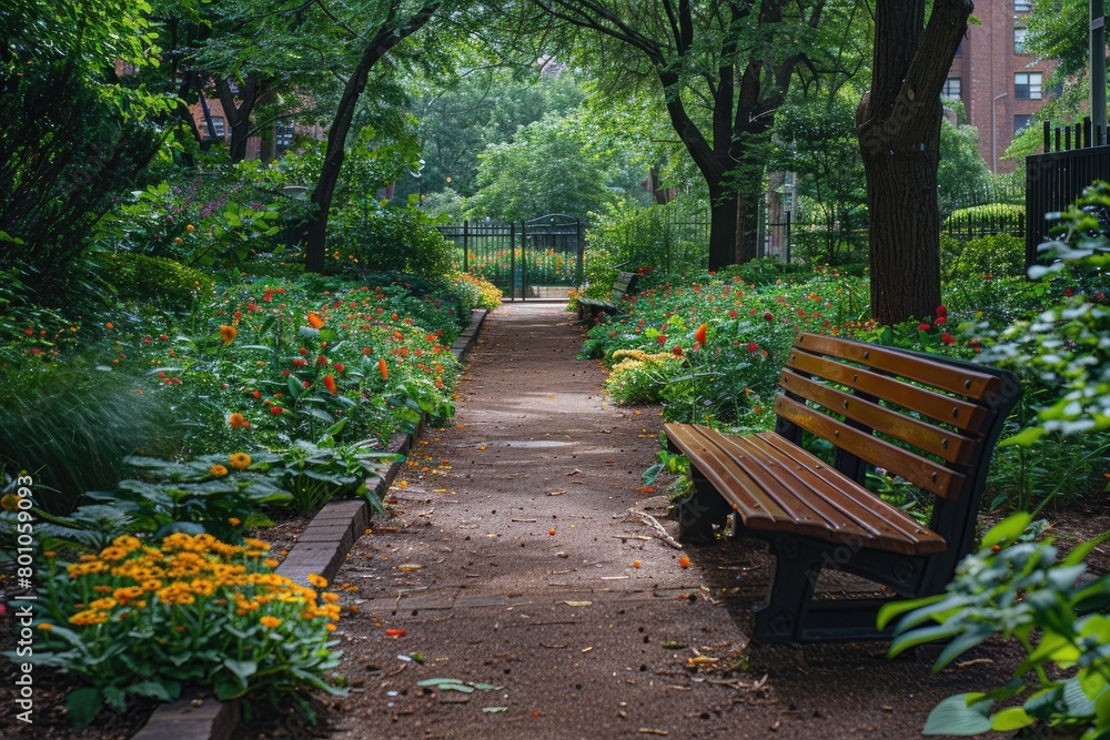Urban green spaces - walking paths. A small downtown park with numerous ...