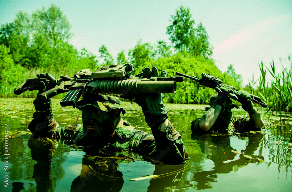 Soldiers move in the heart of a marsh, submerged in swampy waters with ...