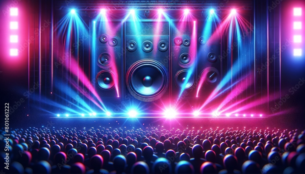 Giant speakers on stage with pink and blue stage lights, crowd of heads ...