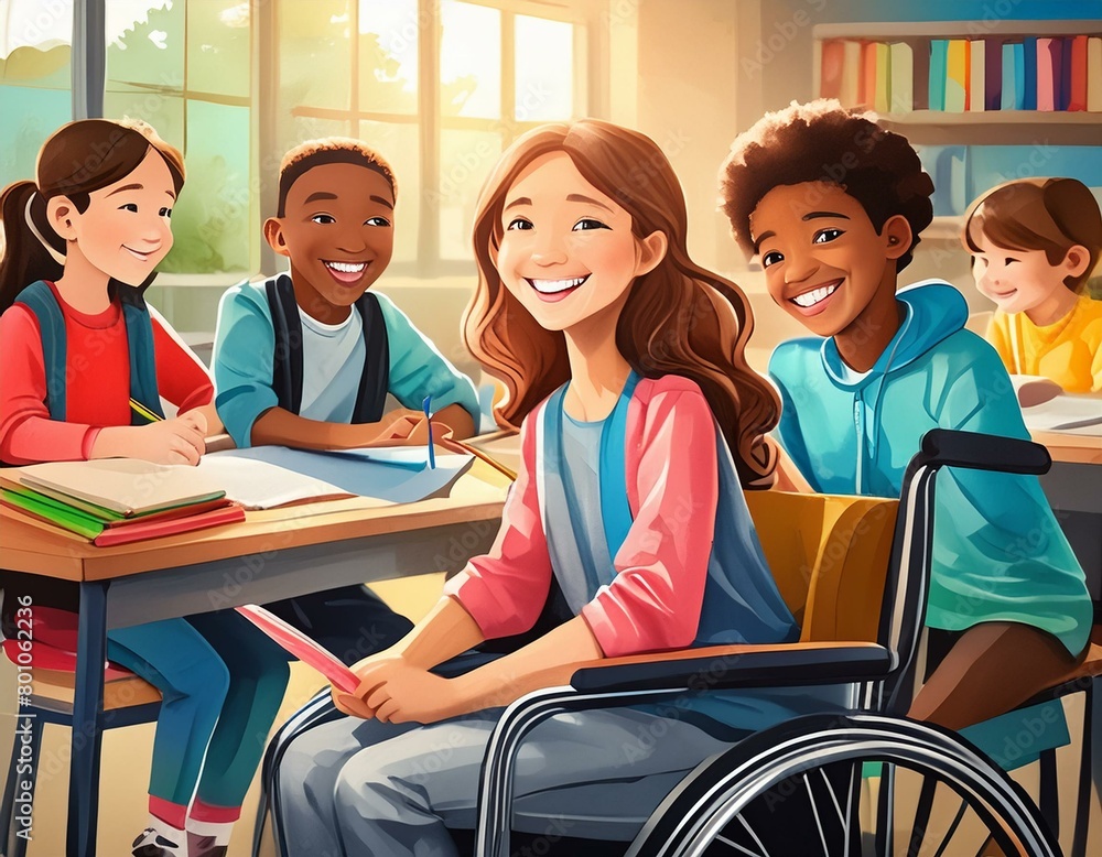 Pretty student girl with disability sits in wheelchair talking to ...