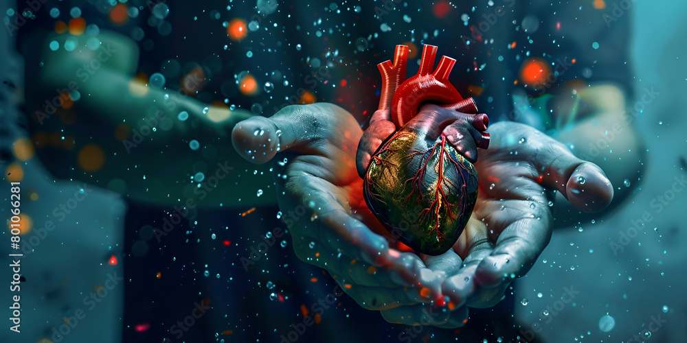 Hand holding an anatomical human heart model on and simulates the human ...