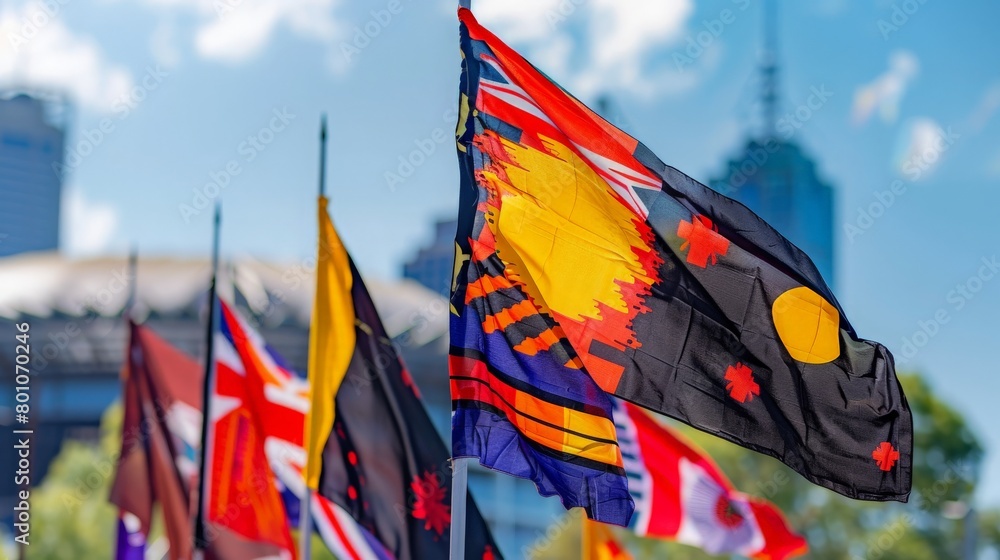 Australian Indigenous flags at the NAIDOC Week celebrations, rich earth ...