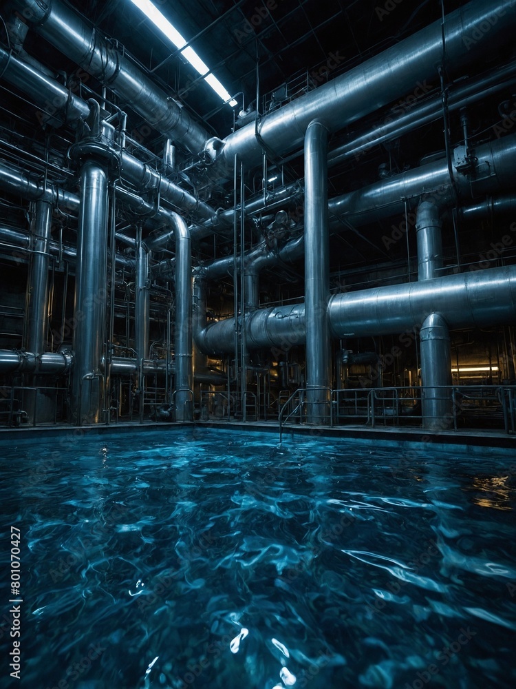 Large, square pool of clear blue water sits in center of dark ...