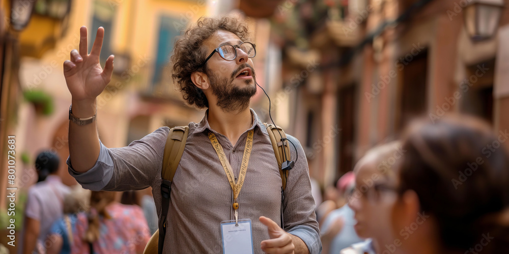Tour guide leading a group of visitors to tourist attractions, giving ...