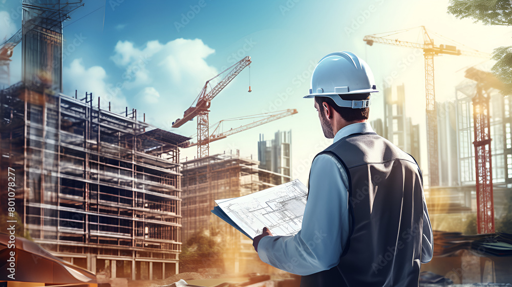 Architect reviewing blueprints at a construction site with building ...