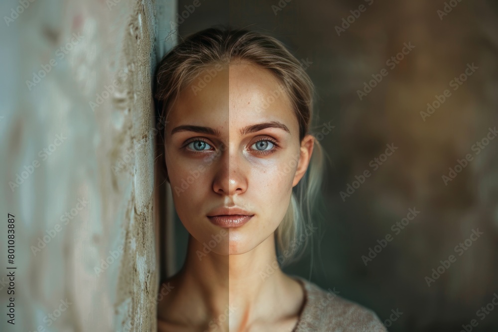Mature skincare and modern aging captured in portrait halves show aging ...