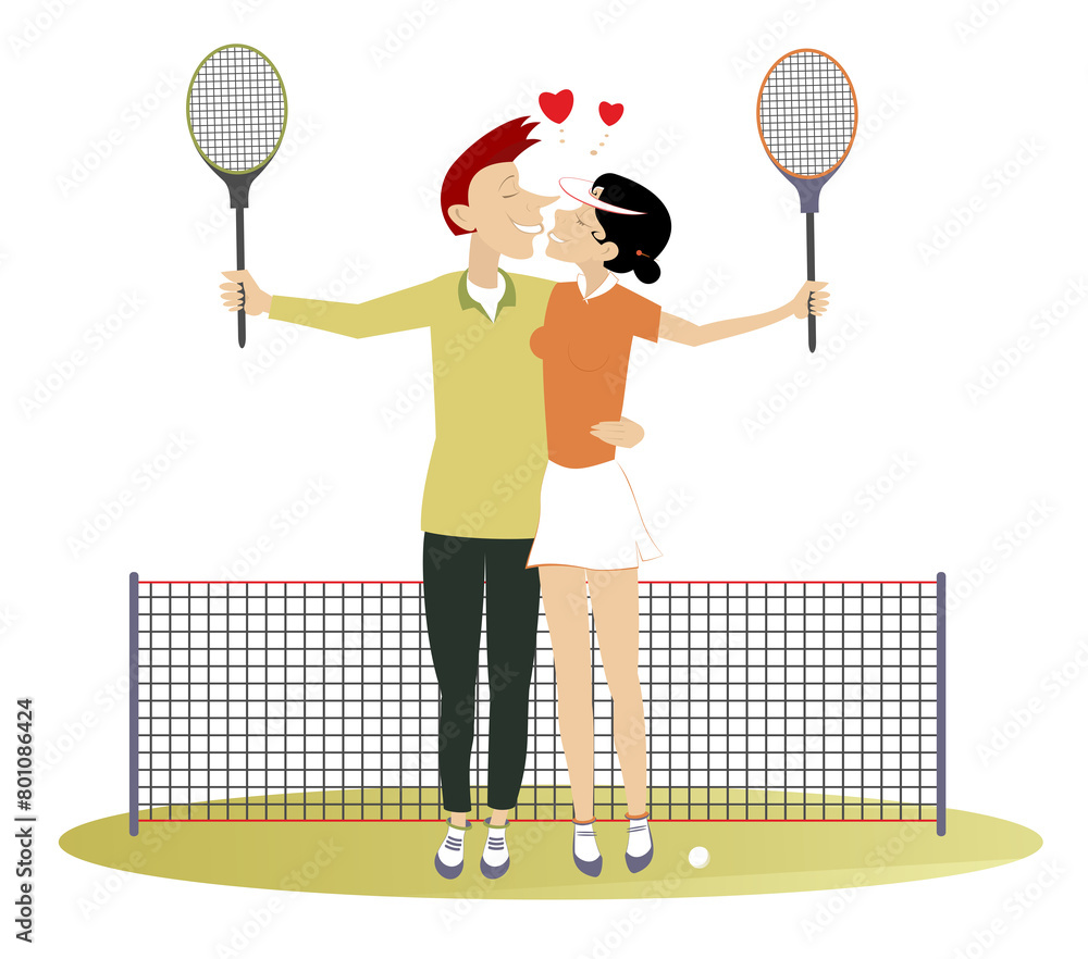 Tennis court. Man and woman falling in love and kissing. Young man and ...