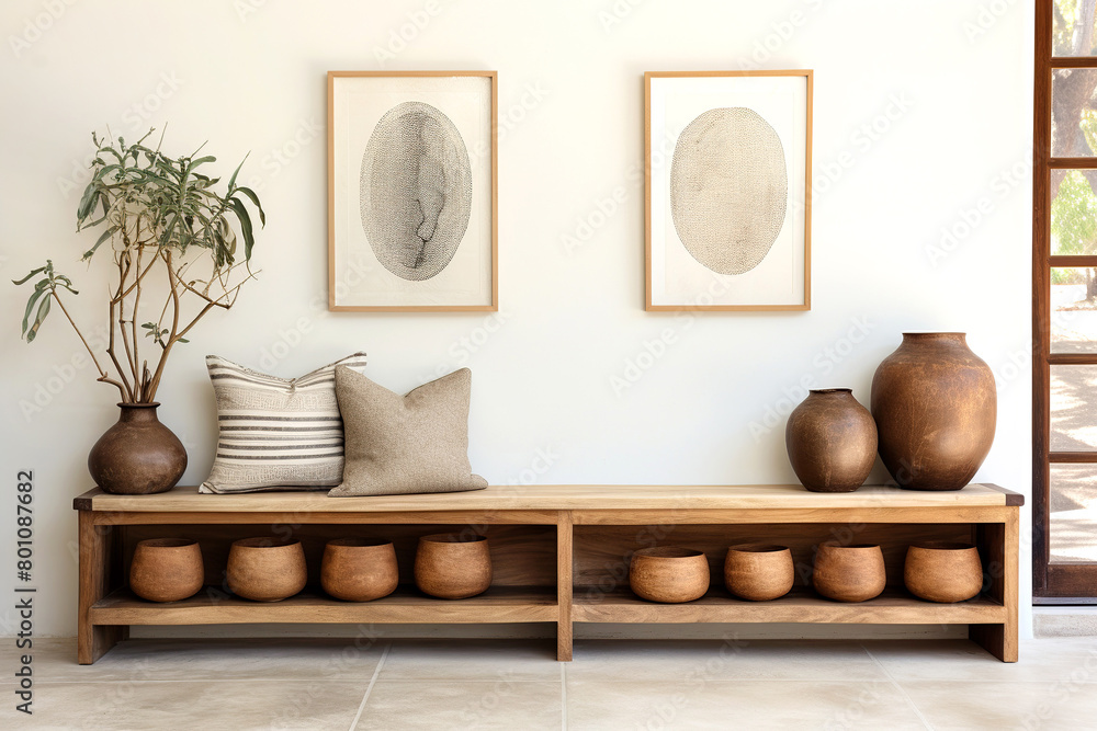 Wooden rustic bench near white wall with two frames. Farmhouse, country ...