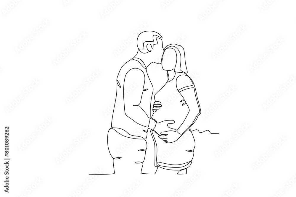 Continuous single line drawing of a Husband kissing pregnant wife ...