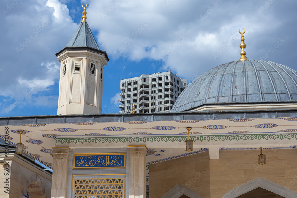 The traditional Chechen ornament "bustam" on the arches of the summer ...