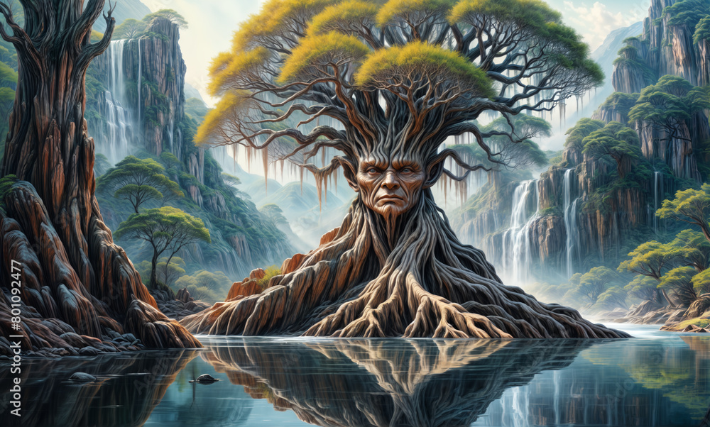 Realistic,Oil painting A very old Dragon tree with a face like a Dragon ...