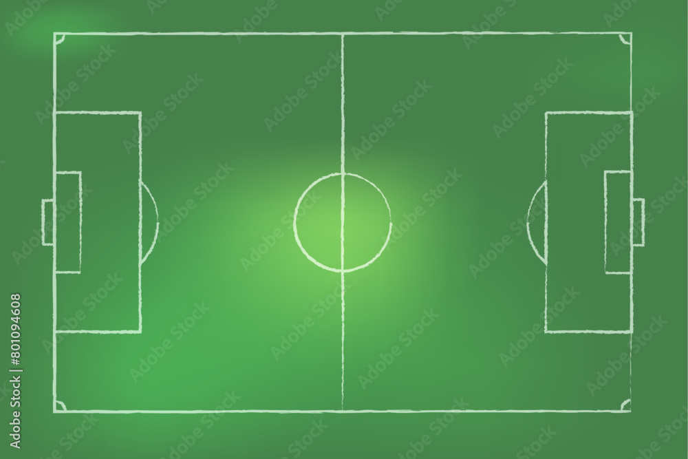 Soccer field plan with white line markings on green grass. Top view ...