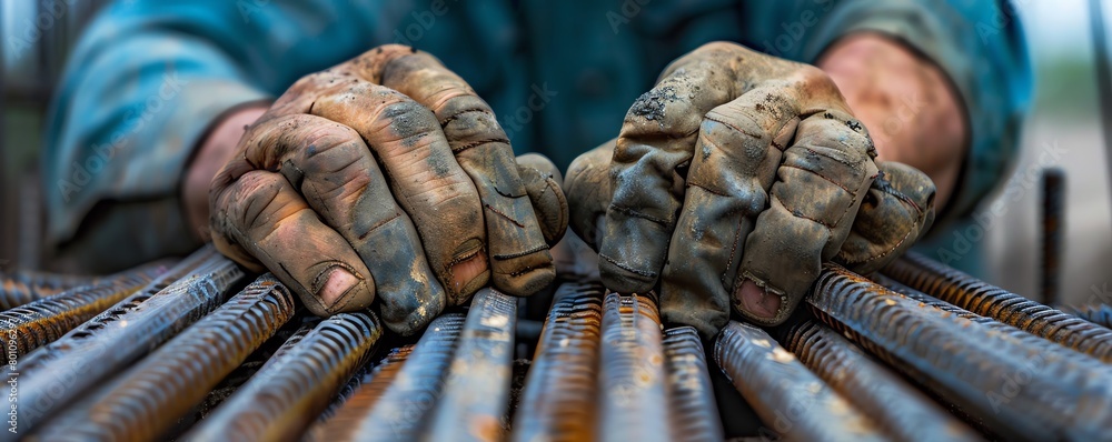 Contrast of smooth, new rebar against the rugged, worn hands of workers ...